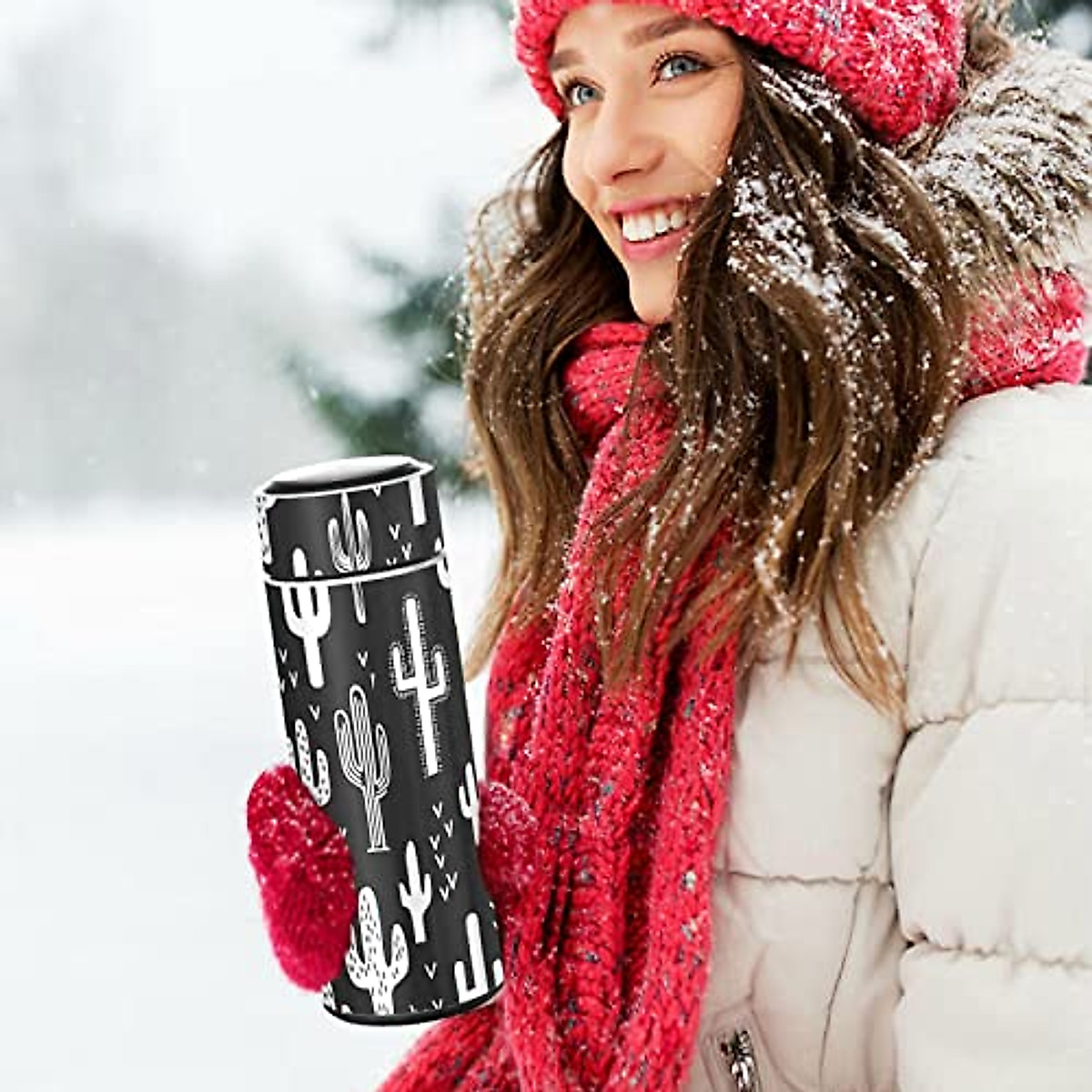 CaTaKu Black and White Cactus Water Bottle Insulated 16 oz Stainless Steel Flask Thermos Bottle for Coffee Water Drink Reusable Wide Mouth Vacuum Travel Mug