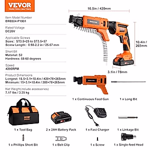 VEVOR Drywall Screw Gun Auto-Feed, 20V Max Collated Drywall Screwgun, 4200RPM Brushless Cordless Drywall Gun Kit with 2 Battery Packs, Belt Clip, Charger, Tool Bag, Screw Length and Depth Adjustable