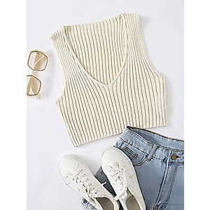 SweatyRocks Women's V-Neck Ribbed-Knit Sleeveless Crop Vest Tank Top Beige S
