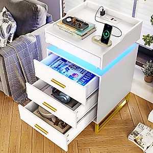 BTHFST LED Nightstand with Charging Station, Large Night Stand with 3 Drawers and 1 Pull-Out Tray, Modern Bedside Table with LED Lights, End Side Table with Storage, White and Gold