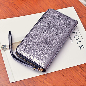 Andongnywell Glitter Wallet for Women Sparkly Zip Around Wallets Shiny Long Phone Clutch Purse with Card Slots (Silver)