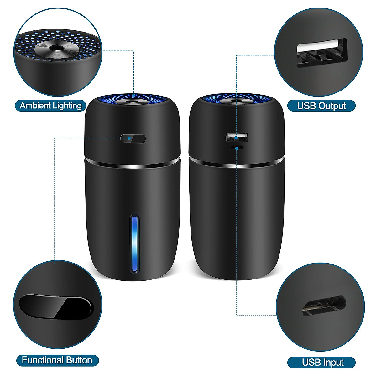 USB Car Humidifier, 200ml Mini Portable Humidifiers with 7 Colors LED Night Light, Quiet Operation, Adjustable Mist Modes for Bedroom Home Baby Office Car(Black)