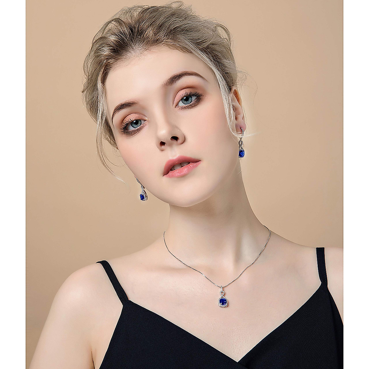 Cubic Zirconia Wedding Jewelry Sets - Women's Vintage Sterling Silver Infinity Square Blue Sapphire Crystal CZ Rhinestone Necklace Earring Set Bridal Jewelry for Bride Bridesmaids Mother of Bride