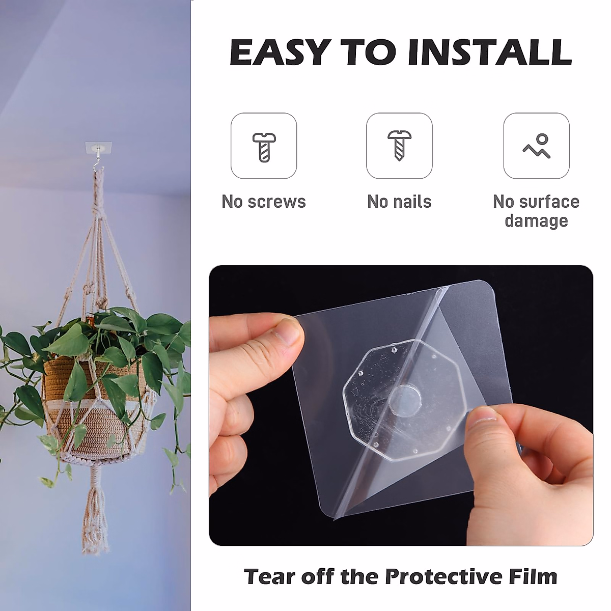 Adhesive Ceiling Hooks, 4 Pack 30lbs Super Heavy Duty Command Ceiling Hooks for Hanging Plants, Strong No Drill Outdoor Sticky Ceiling Hanger, Stick On Hooks for Lights,Wind Chimes,Lantern