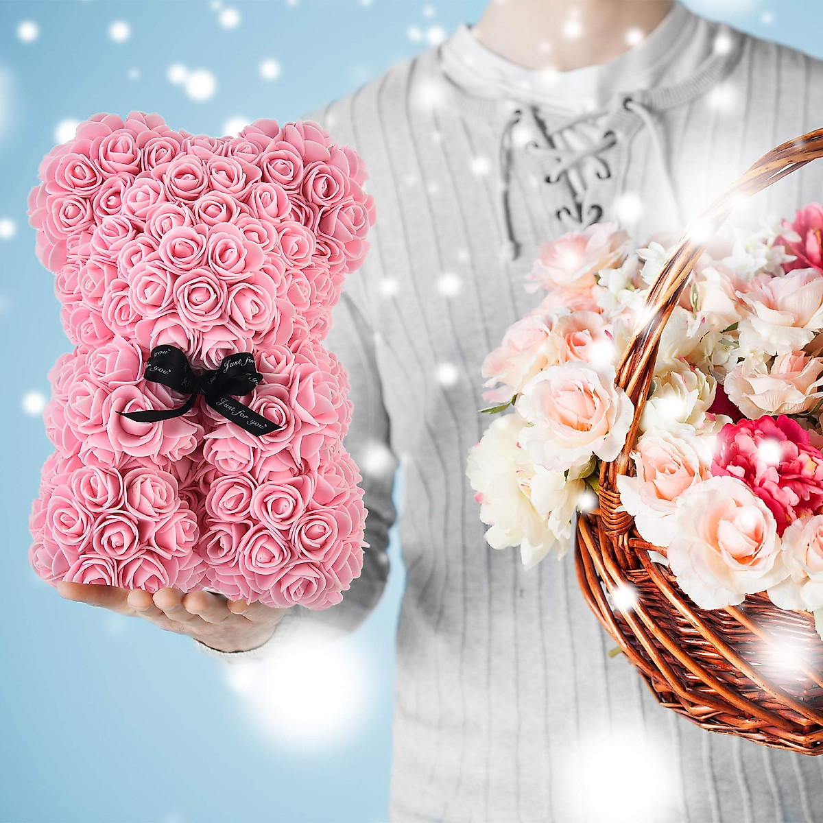 Rose Bear - Rose Teddy Bear on Every Rose Bear -Flower Bear Perfect for Anniversary's - Clear Gift Box Included! 10 Inche (Light Pink)