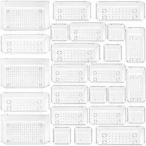 25 PCS Drawer Organizer Set Clear Plastic Acrylic Organizers Desk Drawer Dividers Trays 4 Different Sizes Large Capacity Bathroom Drawer Organizer for Makeup, Jewelries, Kitchen Utensils and Office