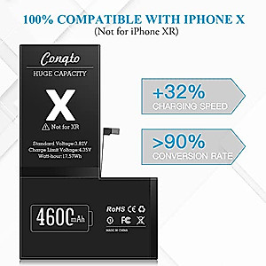 [4600mAh] Battery for iPhone X, (2023 New Version)Conqto New Upgrade 0 Cycle Ultra High Capacity Battery Replacement for iPhone X Model A1865, A1901, A1902 with Full Set Professional Repair Tool Kits