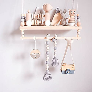 YINCOO Wooden Rope Swing Floating Shelves with Wood Beads, Hanging Rod for Wall Bedroom Kids Living Room Playroom Boho Decor Ornaments Nordic Display (Pink)