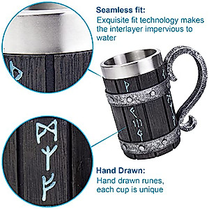 Nordic Viking Rune Mug Tankard Stainless Steel Wooden Resin 3D Norse Decor Coffee Cool Gothic Beer Tankard Stein Cup Mugs 20oz
