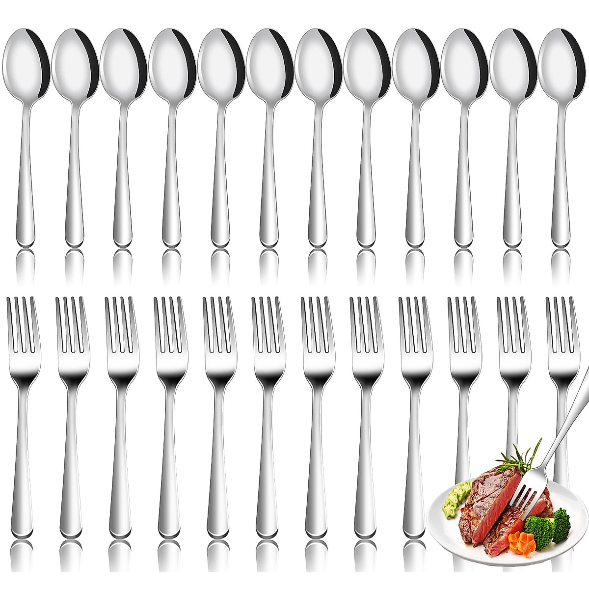 24 Pcs Forks and Spoons Silverware Set,Stainless Steel Flatware Cutlery Set,Food Grade Kitchen Utensil for Home Restaurant,12 Dinner Spoons and 12 Dinner Forks,Mirror Polished,Dishwasher Safe