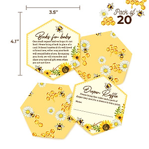 Joyful Toys Bee Baby Shower Invitations Set - Pack of 20 | Fill or Write In Blank Card with Diaper Raffle and Book Request Cards With Envelopes, Bumblebee Themed Party Supplies