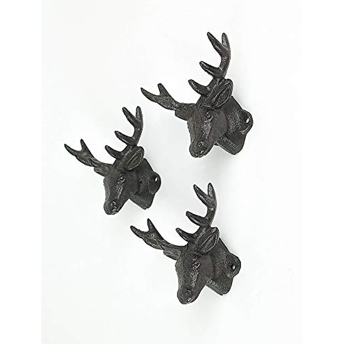 Zeckos Set of 3 Rustic Brown Cast Iron Deer Head Decorative Wall Hooks Lodge Décor 4.25 Inches Long