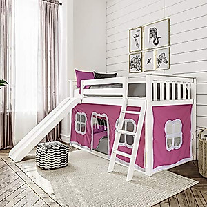 Max & Lily Low Bunk Bed with Slide, Twin-Over-Twin Bed Frame For Kids With Curtains For Bottom, White/Pink