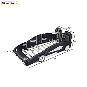 MERITLINE Twin Size Race Car Floor Bed with Wheels, Wooden Car-Shape Platform Bed with Support Slats, PU Leather Kid Beds for Kids Girls Boys Teens, No Spring Need,Black