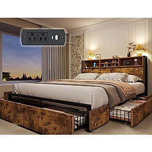 EnHomee Queen Bed Frame with 6 Storage Drawers Queen Bed Frame with Headboard Queen Size Bed Frame with Charging Station Queen Bed Frame with Storage No Noise,No Box Springs Needed,Vintage Brown
