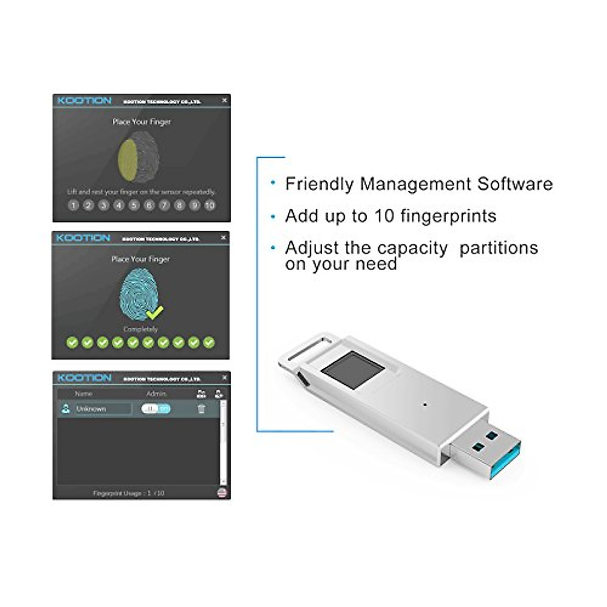 KOOTION 32GB High Speed Recognition Fingerprint Encrypted Flash Drive USB3.0 Dual Storage Security,Silver