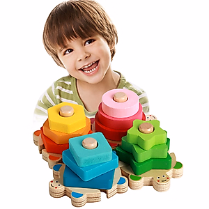 MUBEN Wooden Stacking Toys for Toddler 2 3 4 Year Old, Shape Sorter Montessori Educational Puzzle Blocks Toys, Best Gifts for Girls Boys Early Preschool Learning