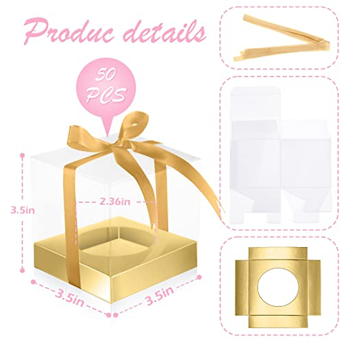 50 Pcs Clear Cupcake Boxes Individual 3.5 Inch Plastic Cupcake Containers Single Cupcake Boxes with Inserts and Ribbon Individual Cupcake Holders Cupcake Storage for Cake Dessert Carrier(Gold, Gold)
