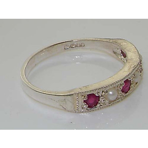 LetsBuyGold 925 Sterling Silver Cultured Pearl and Ruby Womens Band Ring - Sizes 4 to 12 Available