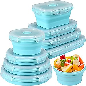 Karenhi 8 Pack Collapsible Silicone Food Storage Containers with Airtight Lids Stackable Collapsible Bowls with Lids Microwave and Dishwasher Safe(Blue)