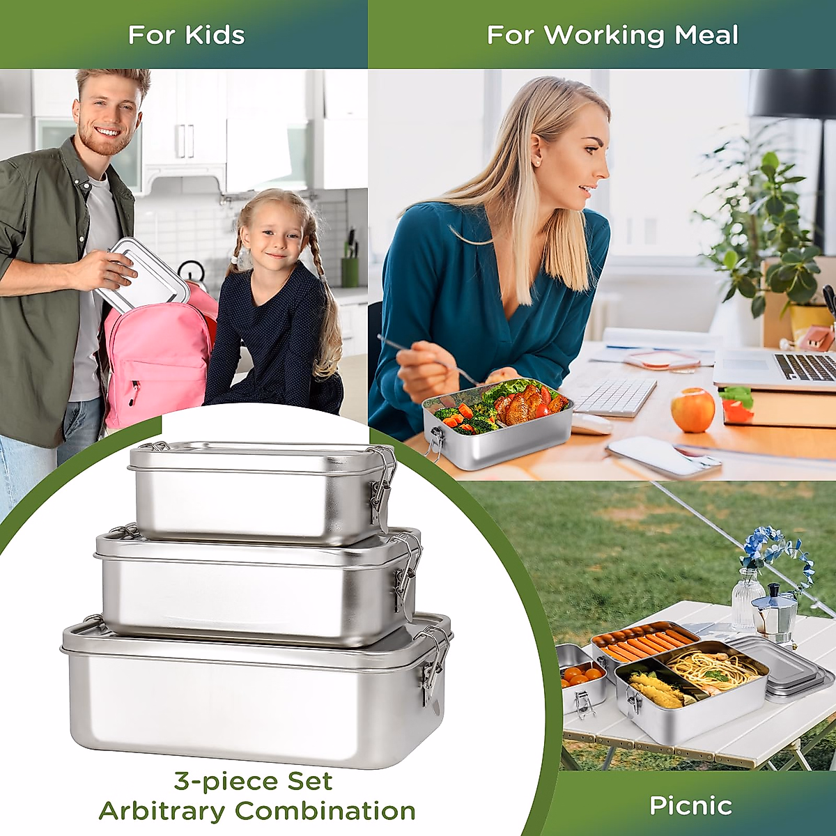 SUTETLW 304 Stainless Steel Bento Box 3 Pack Stainless Steel Containers With Lids 2400/1400/850ml,Leak-Proof & Stackable Storage Stainless Steel Food Storage Containers for Soup Salad Leftover