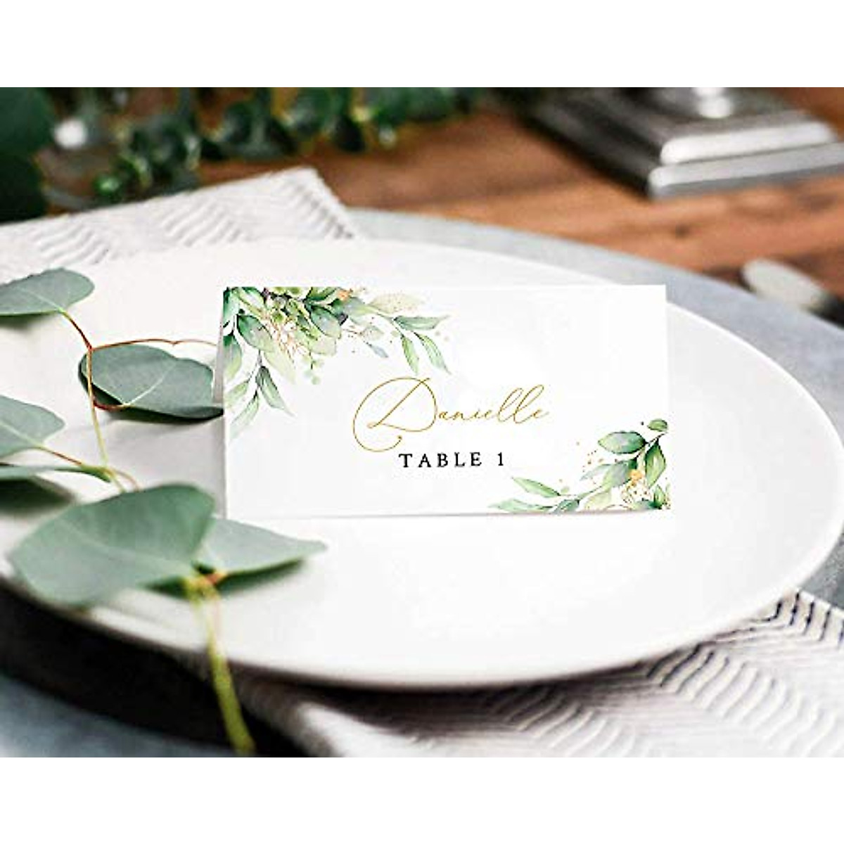 Wedding Place Cards Table, 50 Pack, 2 x 3.5 inch, Gold & Greenery Place Cards for Weddings, Premium Eucalyptus Wedding Name Place Cards for Table Setting, Easy Folding Matte Finish Placecards Wedding