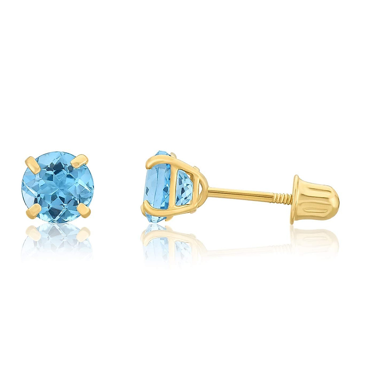 14K Yellow Gold Blue-Topaz Gemstone Birthstone Solitaire Stud Earrings With Secure Screw Backs, (1.20 cttw, 5MM)
