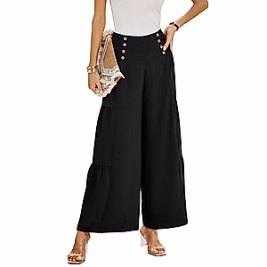PRETTYGARDEN Women's Casual Long Palazzo Pants Elastic High Waist Wide Leg Loose Lounge Trousers (Black,Medium)