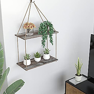 J JACKCUBE DESIGN Hanging Shelves Wall Plant Shelf Floating Shelves with Rope for Bedroom Bathroom Living Room Farmhouse Boho Room Decor, Triangle Rope Rustic Wood Display Shelf(Set of 2) - MK555AA