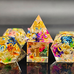 WZLHJRAR DND Dice Set - 7pcs D&D Dungeons and Dragons RPG Polyhedron with Sharp Edges Resin Dice MTG Pathfinder Tabletop Game Collection and Gifts D20 Black Storage Bag - Flower