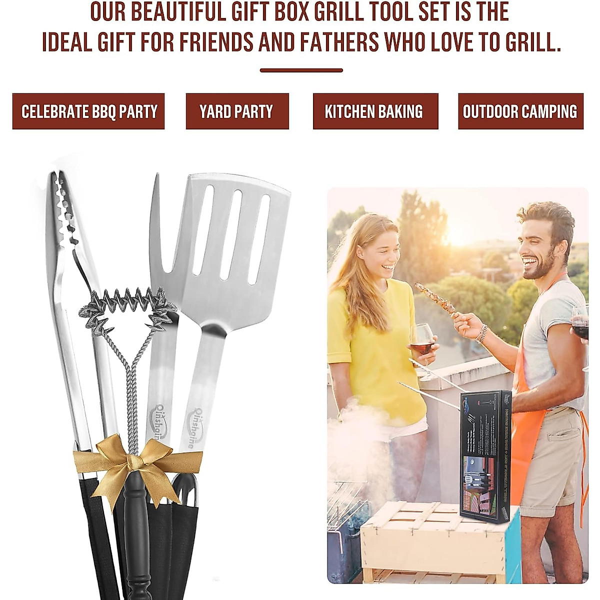 Qinshaine Barbecue Tool Set, BBQ Tools Set with Spatula, Tongs, Fork&Grill Cleaning Brush- The Ideal BBQ Gift Set for Men.4 -Piece (4pc)