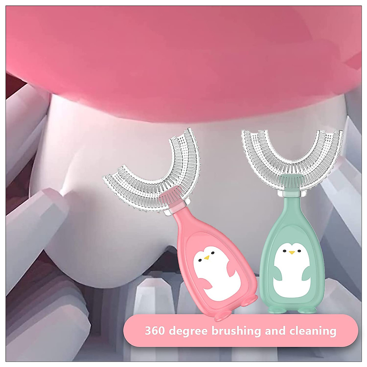 Wosninba 2PCS Kids U Shaped Toothbrush 360° Manual Toothbrush with Silicone Brush Head Full Mouth Toothbrush for Toddlers and Children (Style A)