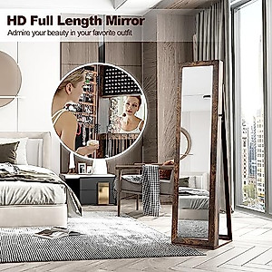 CHARMAID Jewelry Armoire with Higher Full Length Mirror, Lockable Jewelry Cabinet Organizer with Large Storage Capacity, Inside Makeup Mirror, Stable Base, Easy Assembly (Rustic Brown)