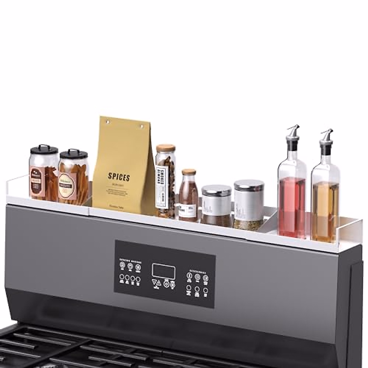 JANSNIMEN Magnetic Stove Top Shelf Spice Rack, 15"-30" Adjustable Stove Shelf for Back of Stove, Seasoning Organizer Kitchen Shelves Gadgets with 3 Functional Partitions