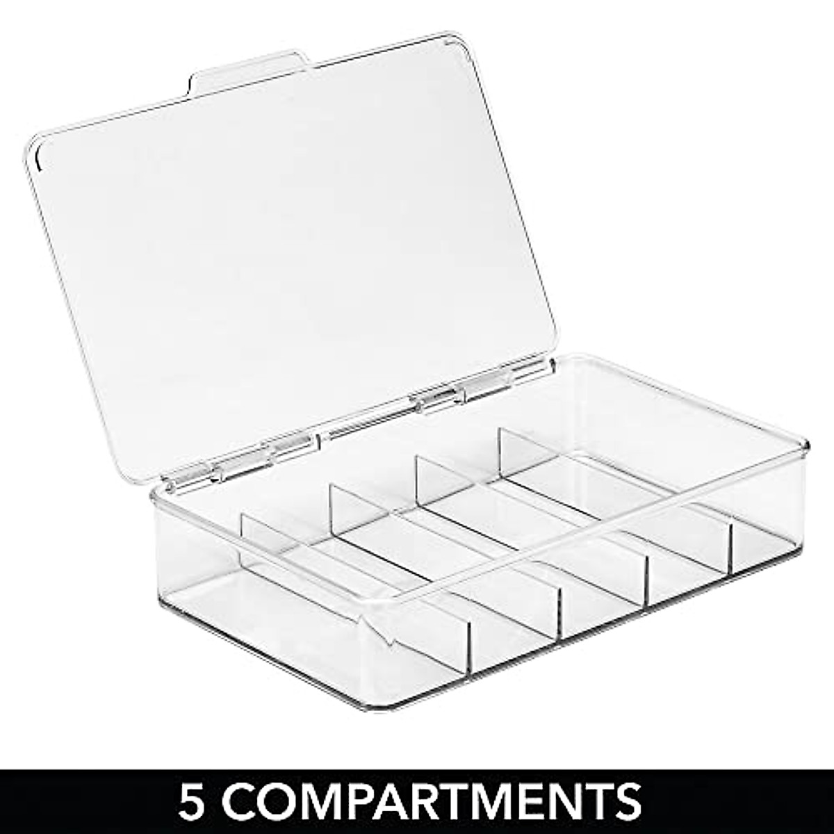 mDesign Plastic Divided First Aid Storage Box Kit with Hinge Lid for Bathroom, Cabinet, Closet - Organize Medicine, Ointments, Adhesive Bandages - 5 Sections, Ligne Collection, Clear