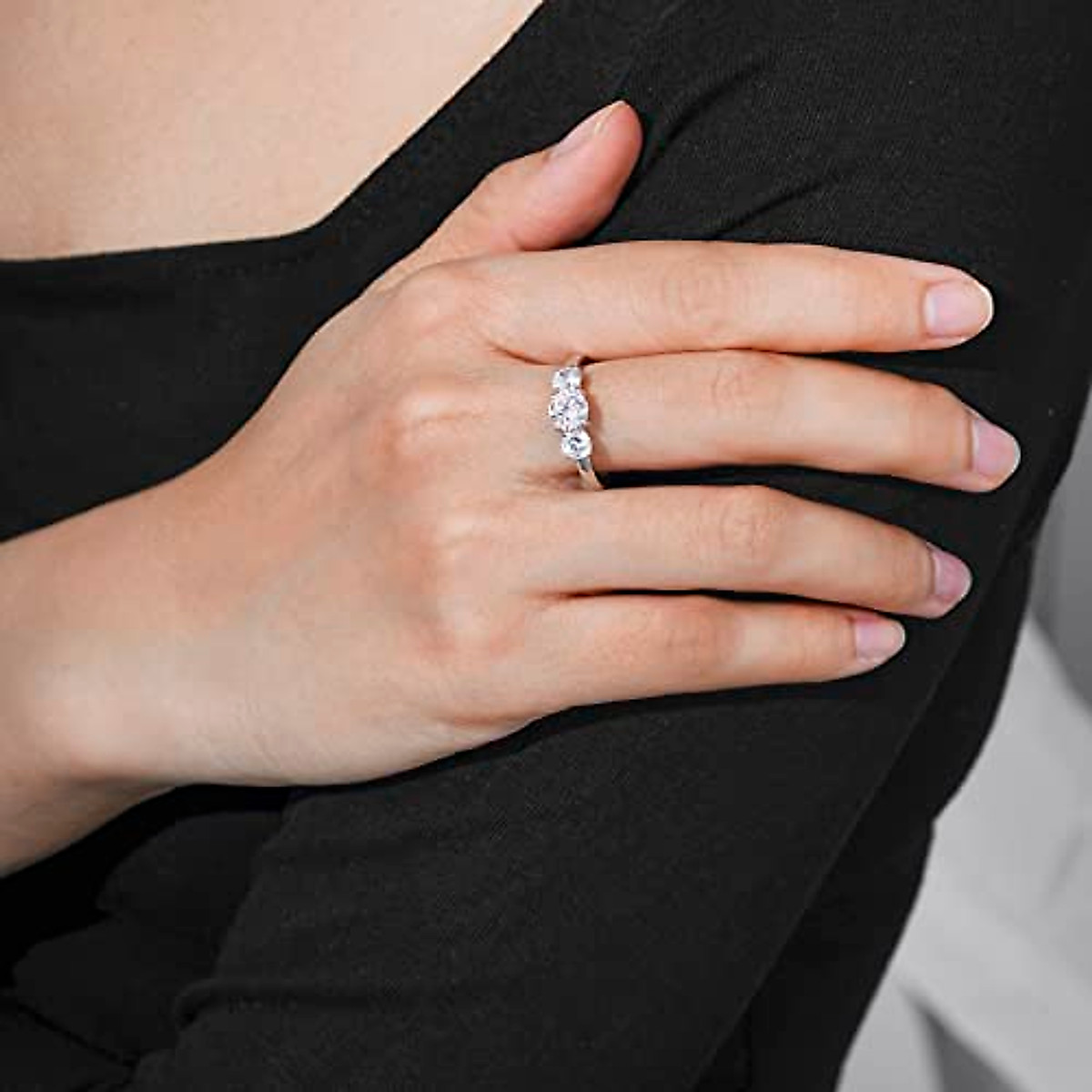 Amazon Essentials Platinum-Plated Sterling Silver Round 3-Stone Ring made with Infinite Elements Cubic Zirconia (2 cttw), Size 6 (previously Amazon Collection)