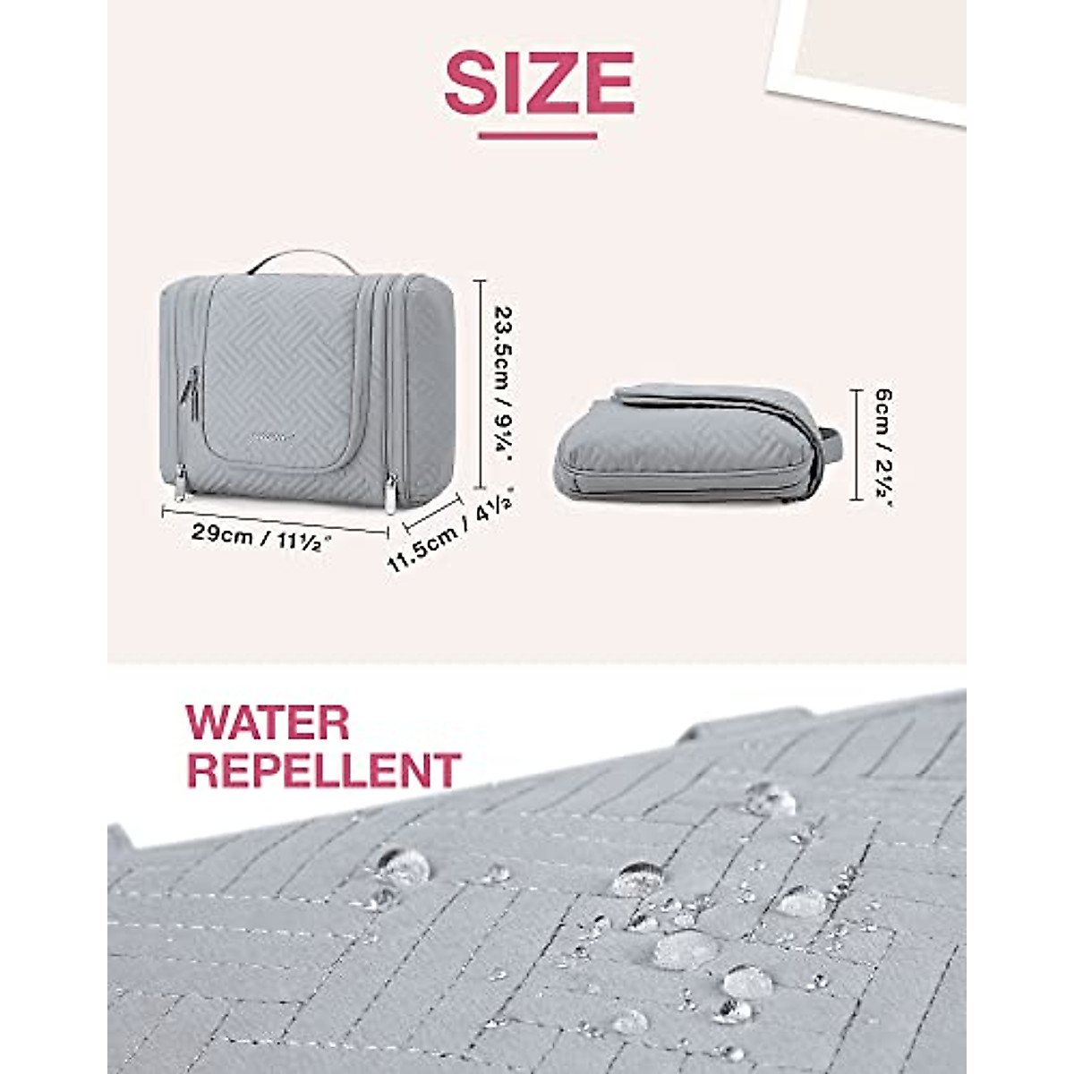 BAGSMART Travel Toiletry Bag for Women, Hanging Toiletry Bag with Hook, Travel Cosmetic Makeup Bag Travel Organizer for Accessories, Shampoo, Full Sized Container, Toiletries,Grey-Medium