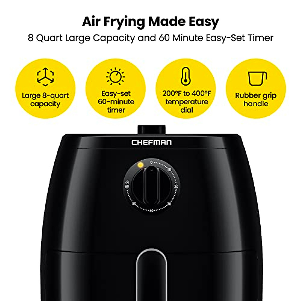 Chefman TurboFry 8-Quart Air Fryer, Integrated 60-Minute Timer for Healthy Cooking, Cook with 80% Less Oil, Adjustable Temperature Control, Nonstick Dishwasher-Safe Basket and Tray, Black