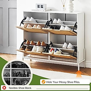 IDEALHOUSE Natural Rattan 4 Flip Door Shoe Cabinet Organizer Freestanding, Shoe Rack Storage Cabinet for Entryway with 3-Tier Adjustable Shelves for Slippers, Sneakers, Heels, Boots