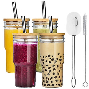 ALINK 4 Pack Large Beer Glasses + Mason Jar Glass Cups with Bamboo Lids and Straws