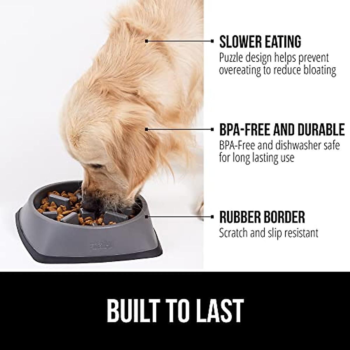 Gorilla Grip Slip Resistant Slow Feeder, 4 Cups, Cat and Dog Bowl, Slows Down Pets Eating, Prevent Overeating, Feed Small, Large Pets, Fun Puzzle Design, Dogs Cats Bowls for Dry and Wet Food, Gray