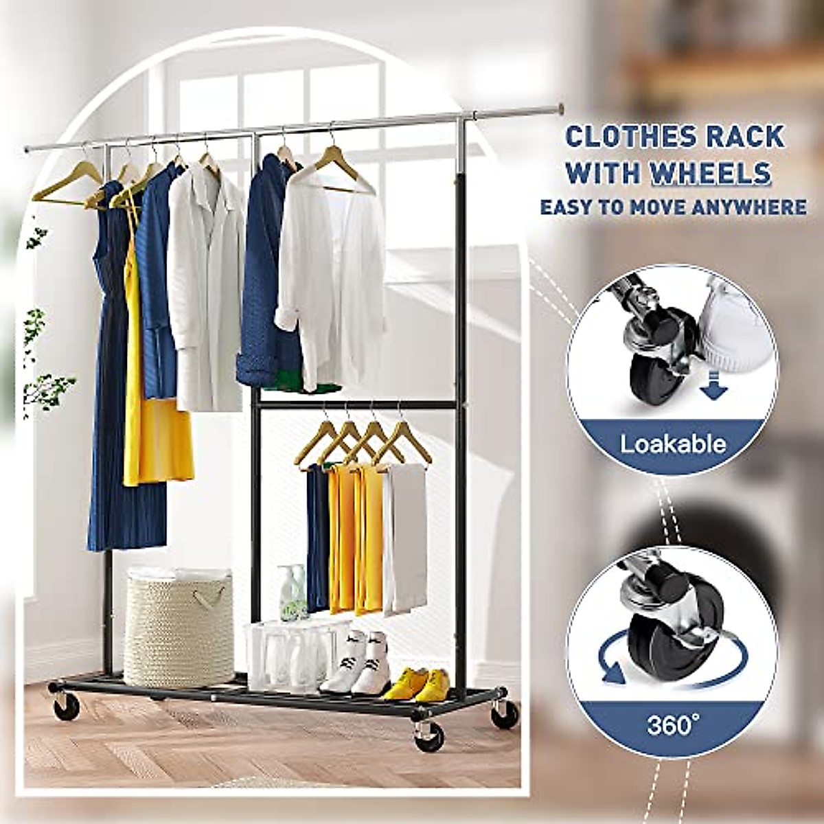 Raybee Clothes Rack Heavy Duty 405LBS Clothing Racks for Hanging Clothes 200+ Rolling Clothes Rack with Wheels Garment Rack Heavy Duty Clothing Rack with Shelves Portable Clothes Rack,Metal,Black