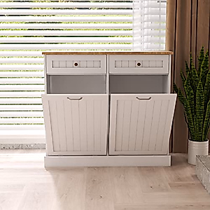 OQSC Double Tilt Out Trash Cabinet with 2 Drawers Wooden Free Standing Laundry Sorter Cabinet Kitchen Recycling Trash Can Bin Holder Cabinet with Storage (White)