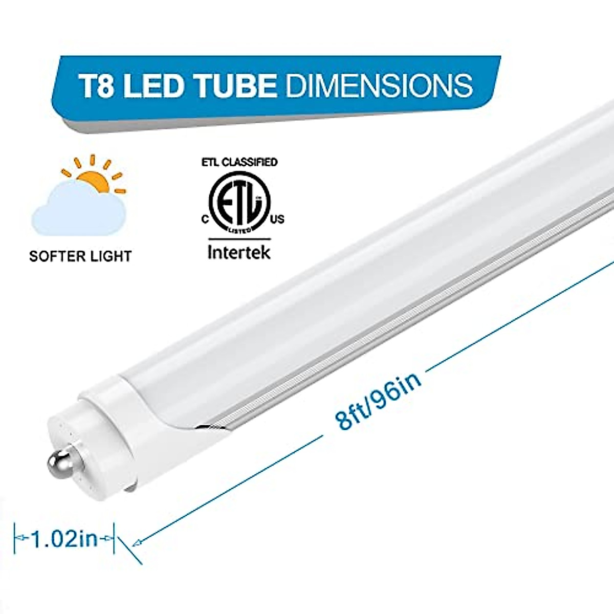 CNSUNWAY 8FT LED Bulbs, 45W 5400LM 6000K Super Bright, FA8 Single Pin LED Light Tube, Frosted Cover, Ballast Bypass, F96T12 Fluorescent Light Bulbs Replacement, ETL Listed (25-Pack)