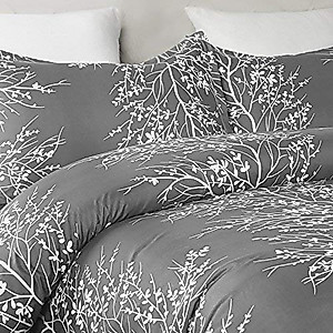 Vaulia Lightweight Cooling Microfiber Duvet Cover Set, Grey and White Floral Branches Printed Pattern All Season - Queen Size, 3-Piece Set (1 Duvet Cover 2 Pillow Shams)