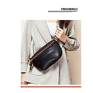 Women Chain Strap Cross-body Bags Genuine Leather Waist Bag with Zipper Closure for Daily (Black)