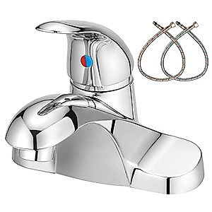PHICHI Single Handle 4 inch Centerset Chrome Bathroom Faucet, Low Arc Basin Mixer Tap Vanity Faucets for Sink 3 Hole, with Hot & Cold Water Supply Lines