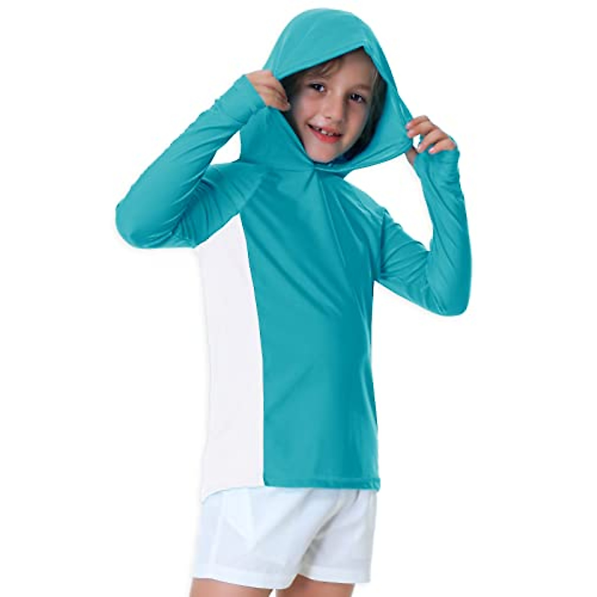 Kids Hooded Swim Shirt Long Sleeve Boys Girls Solid Color Rash Guard Tops Uv Protective Athletic Shirts Aqua White 7-8 Years