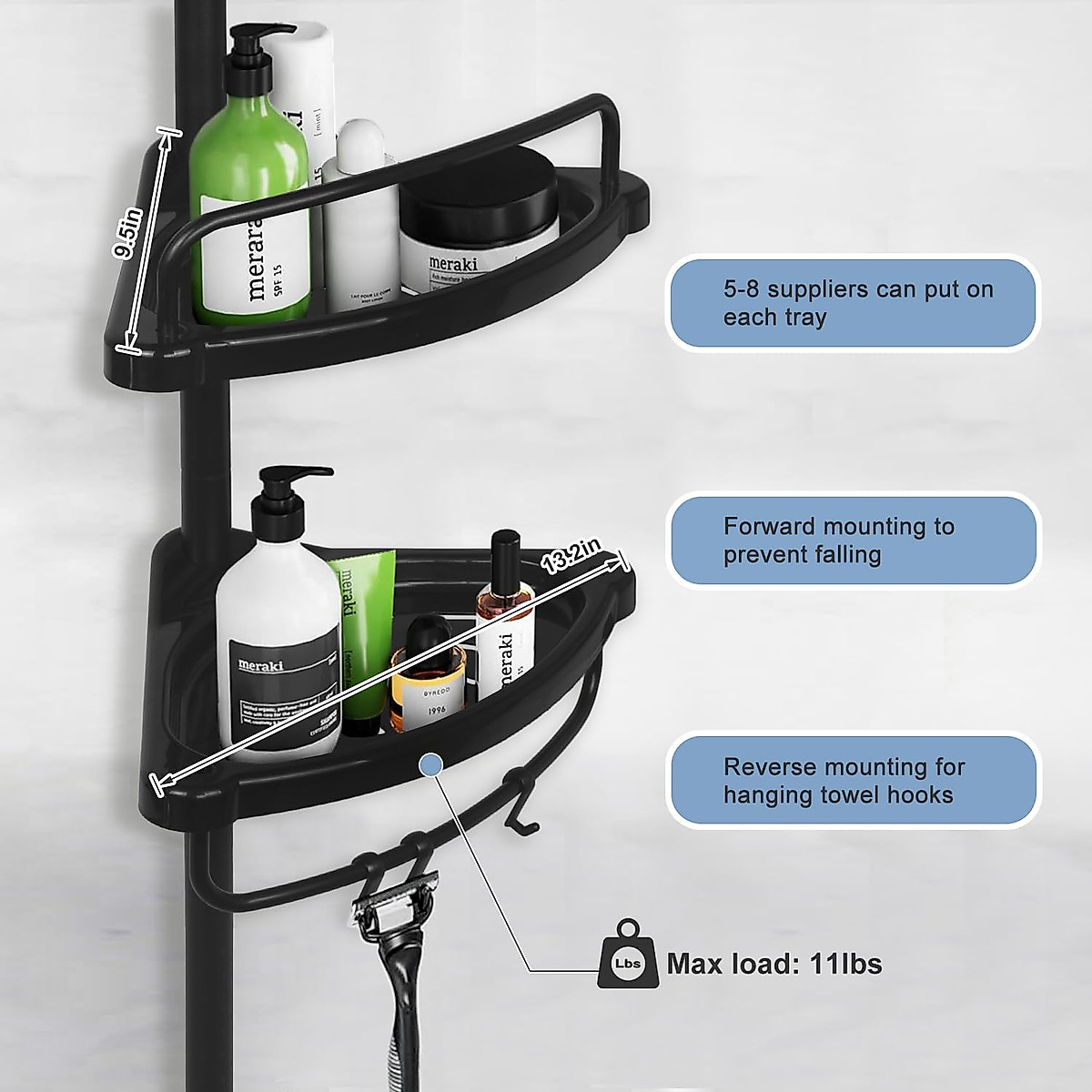 H-A Strong Shower Storage Caddy,SturdyTension Corner Pole Caddy,Commercial Grade Rustproof Bathroom Bathtub Adjustable Corner Rack (Black)