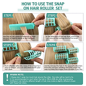 Syhood 12 Pieces Snap Hair Roller, Large Size Plastic Hair Rollers Curlers with Rat Tail Comb for Hairdressing Styling Tools(6.8 x 2.5 cm,Light Green)